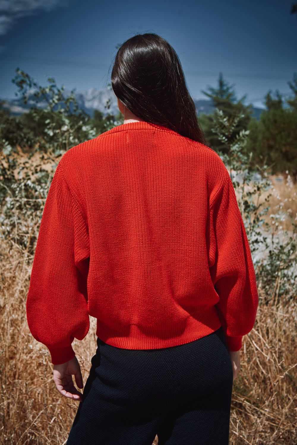 CLEMENTINE Red Batwing Sleeve Cotton Sweater | L'Envers