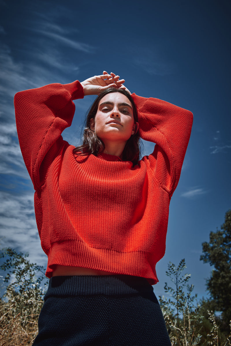 CLEMENTINE Red Batwing Sleeve Cotton Sweater | L'Envers