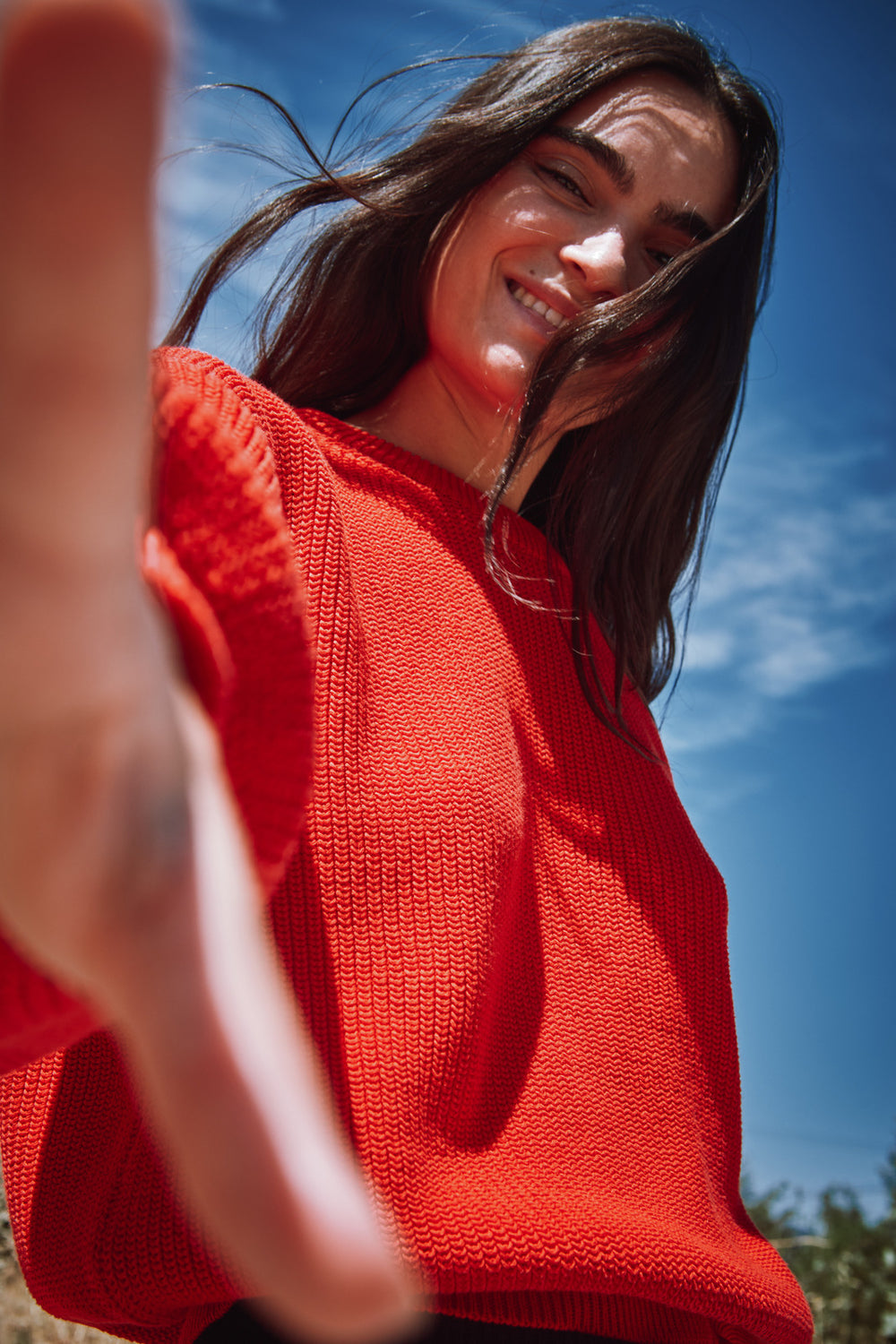 CLEMENTINE Red Batwing Sleeve Cotton Sweater | L'Envers