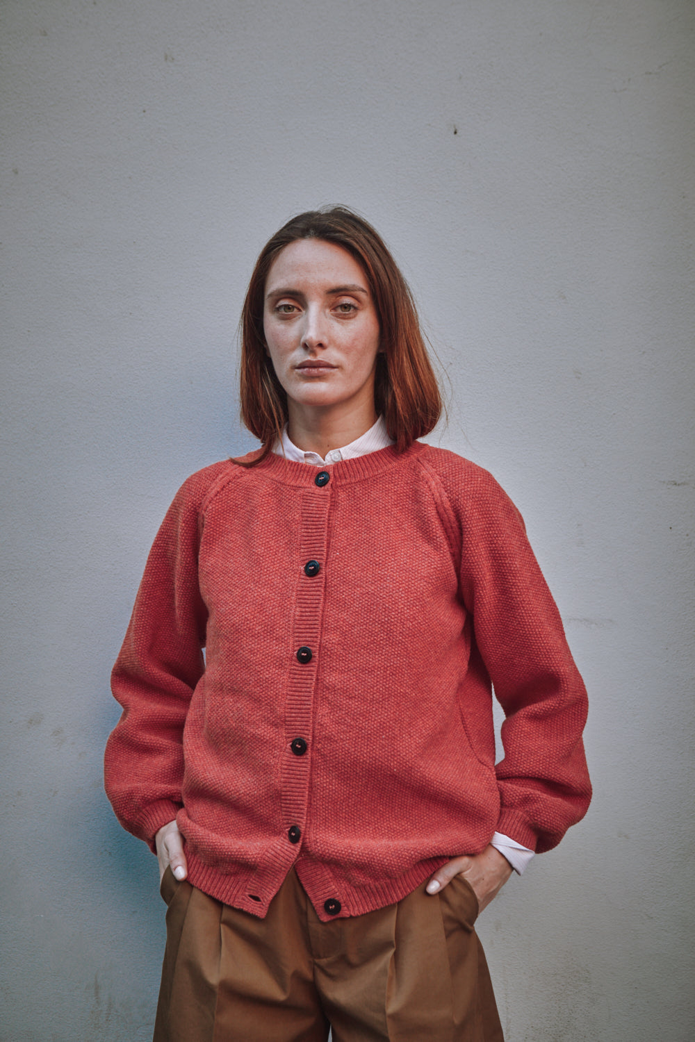 GABY Balloon-Sleeve Cardigan in Merino Wool - Coral | L'Envers