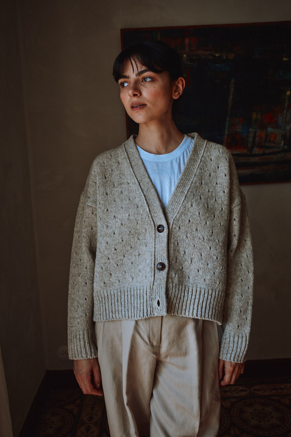 KATRINA Open Weave Cardigan in Merino Wool - Beige | L'Envers