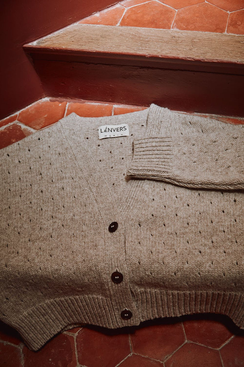 KATRINA Open Weave Cardigan in Merino Wool - Beige | L'Envers